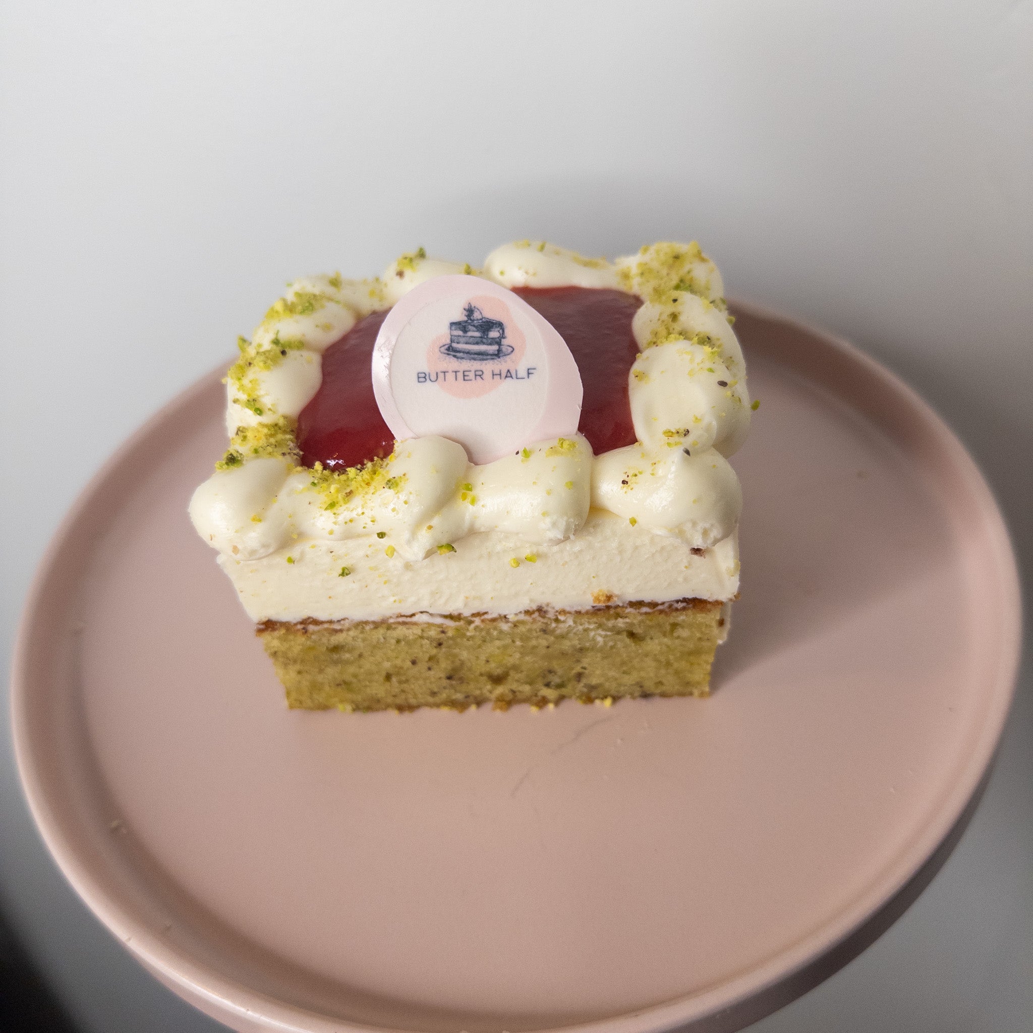 Cake Slab - Browned butter pistachio sponge, raspberry gelee, vanilla ...